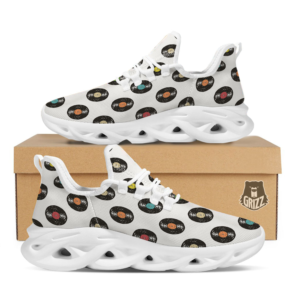 Vinyl Record Hand Drawn Print Pattern White Running Shoes