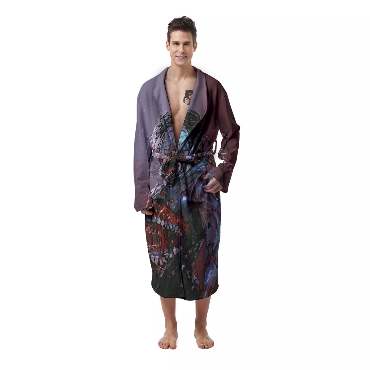Watercolor Creepy Monsters Open Mouth Print Men's Robe