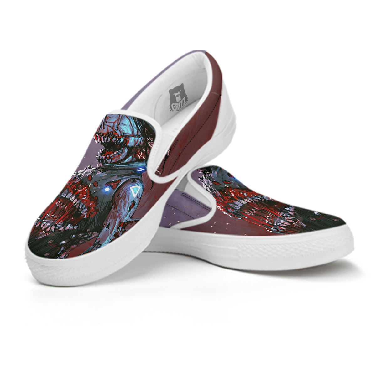 Watercolor Creepy Monsters Open Mouth Print White Slip On Shoes