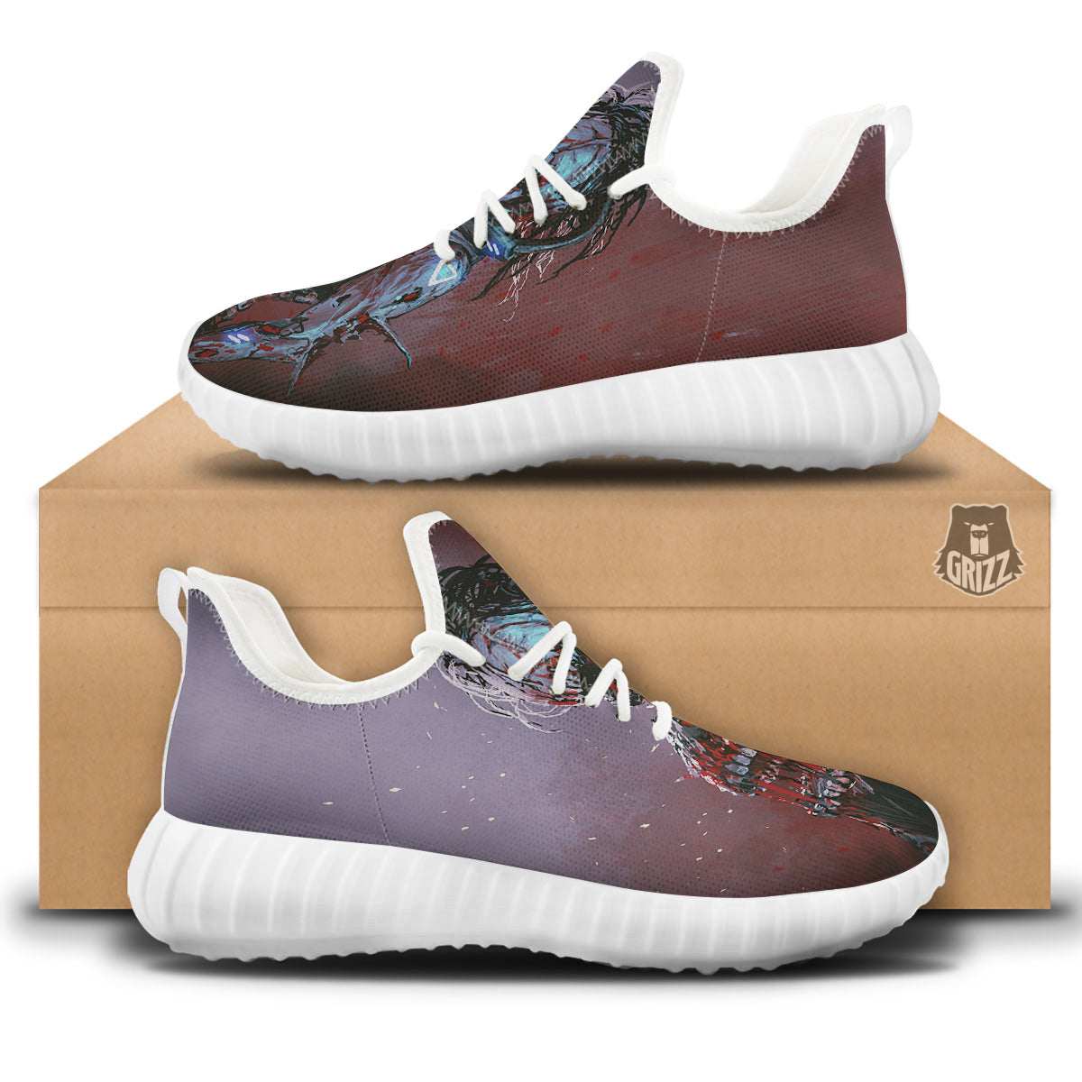 Watercolor Creepy Monsters Open Mouth Print White Walking Shoes