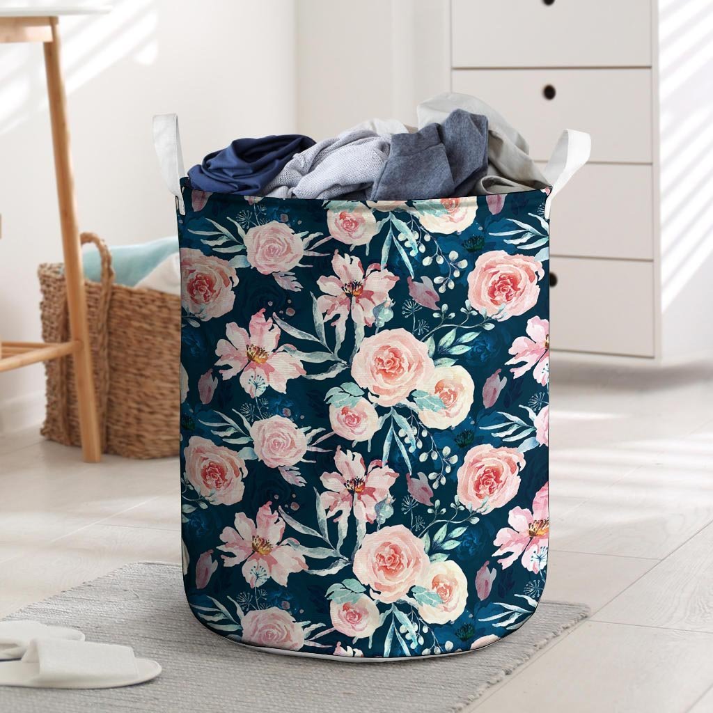 Watercolor Pink Rose Floral Laundry Basket