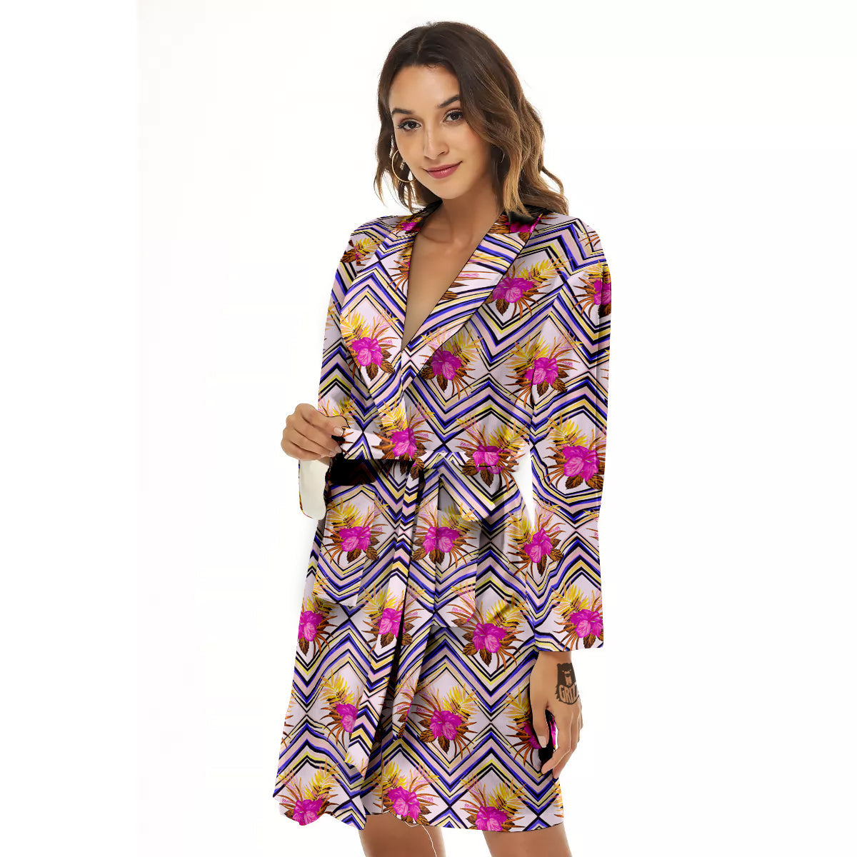 Watercolor Tropical Flower Zigzag Print Pattern Women's Robe