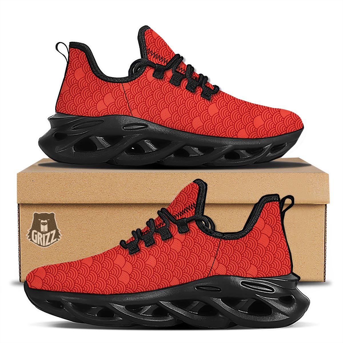 Wave Red Japanese Print Pattern Black Running Shoes