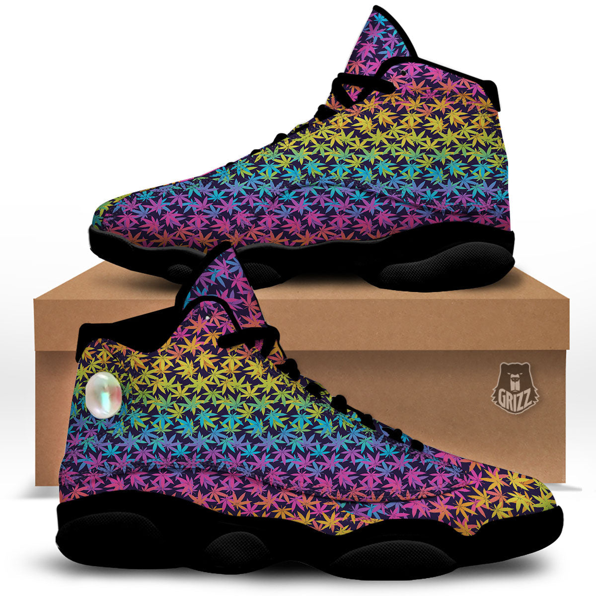 Weed Leaf Colorful Print Pattern Black Basketball Shoes
