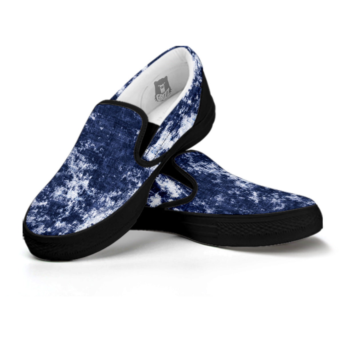 White And Blue Tie Dye Acid Wash Print Black Slip On Shoes