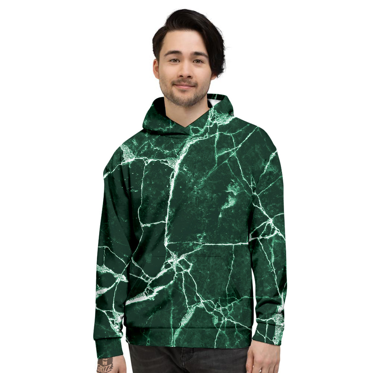 White And Dark Green Marble Texture Print Men's Hoodie
