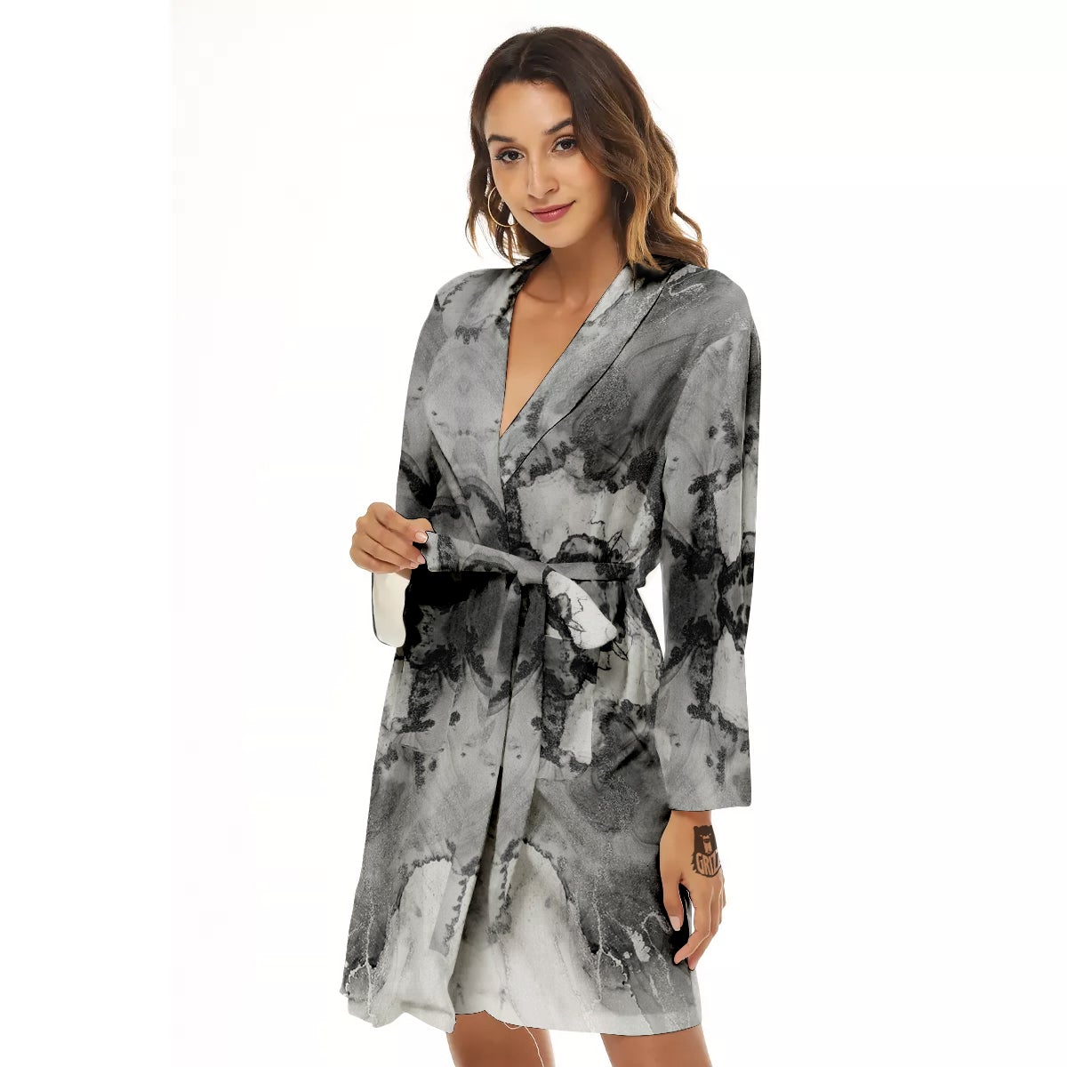 White And Dark Grey Marble Print Pattern Women's Robe