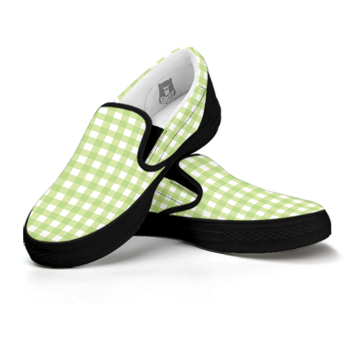 White And Green Check Print Pattern Black Slip On Shoes