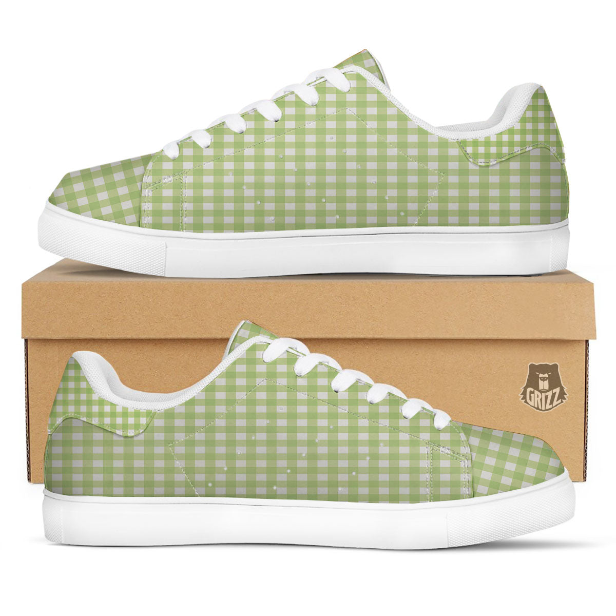 White And Green Check Print Pattern White Low Top Sneakers