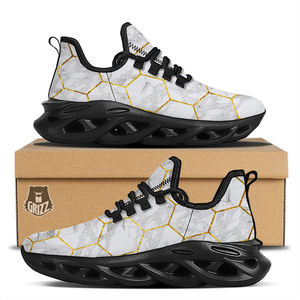 White Gold Tile Marble Black Running Shoes – Grizzshopping