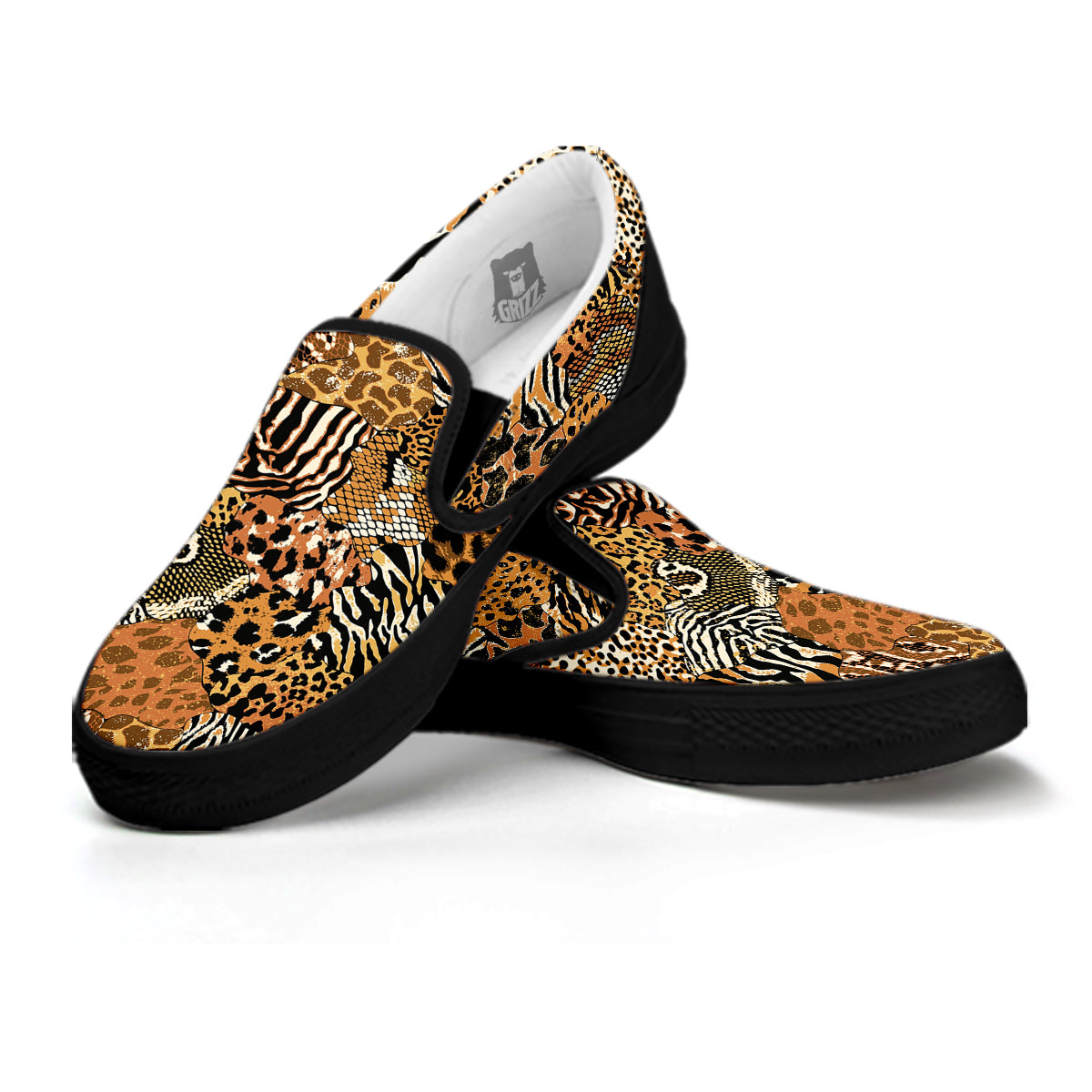 Wild Animal Skins Patchwork Print Pattern Black Slip On Shoes