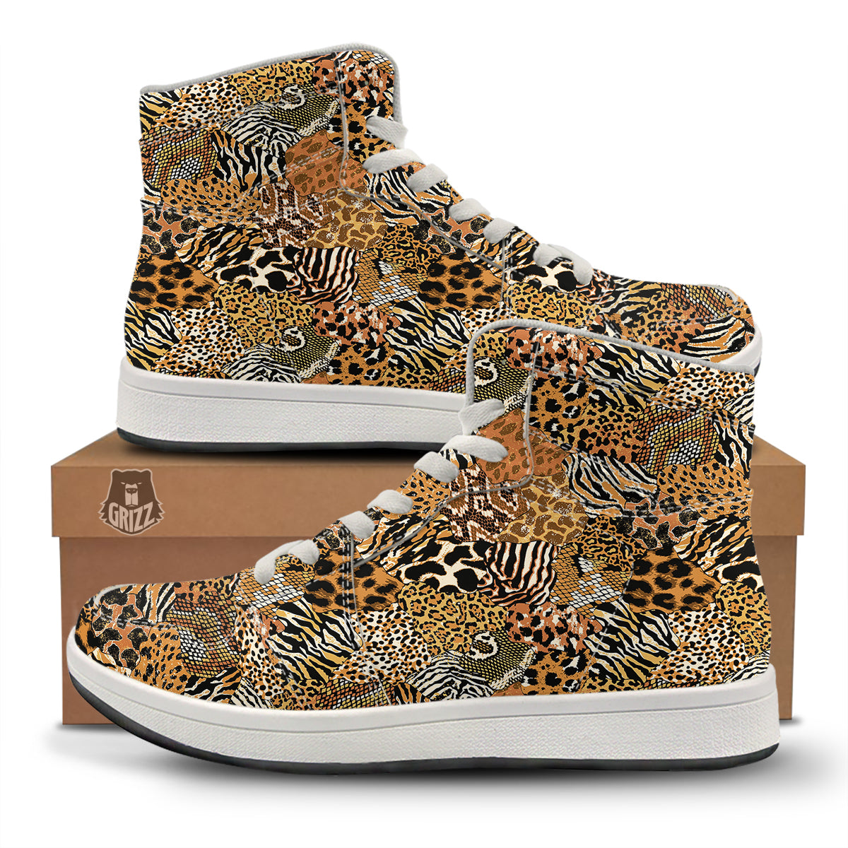 Wild Animal Skins Patchwork Print Pattern High Top Sneakers