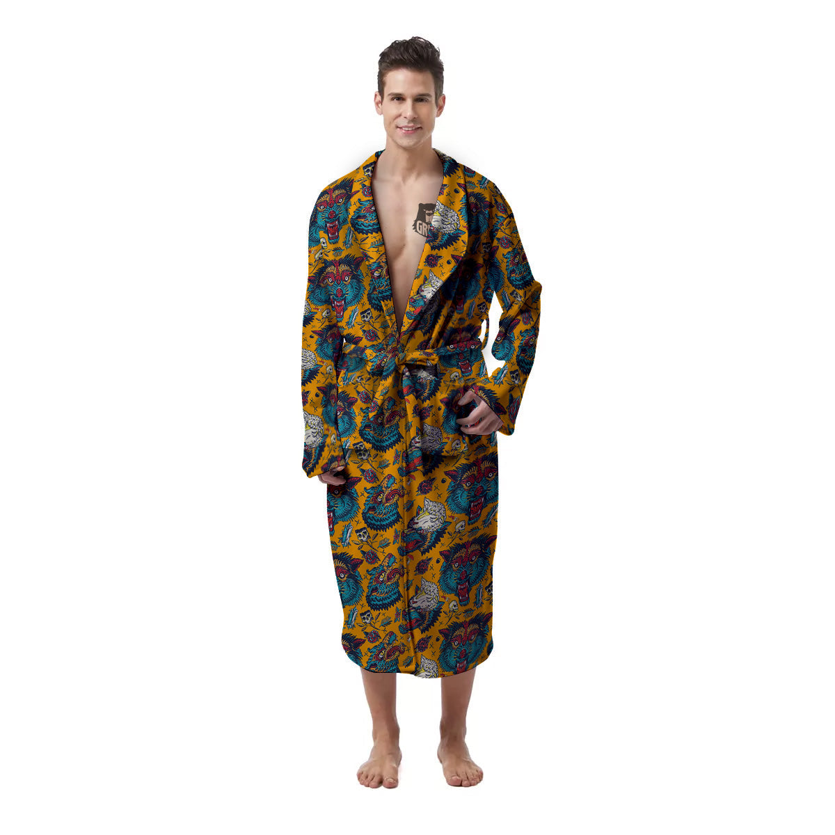 Wolf Head Yellow Tattoo Print Pattern Men's Robe