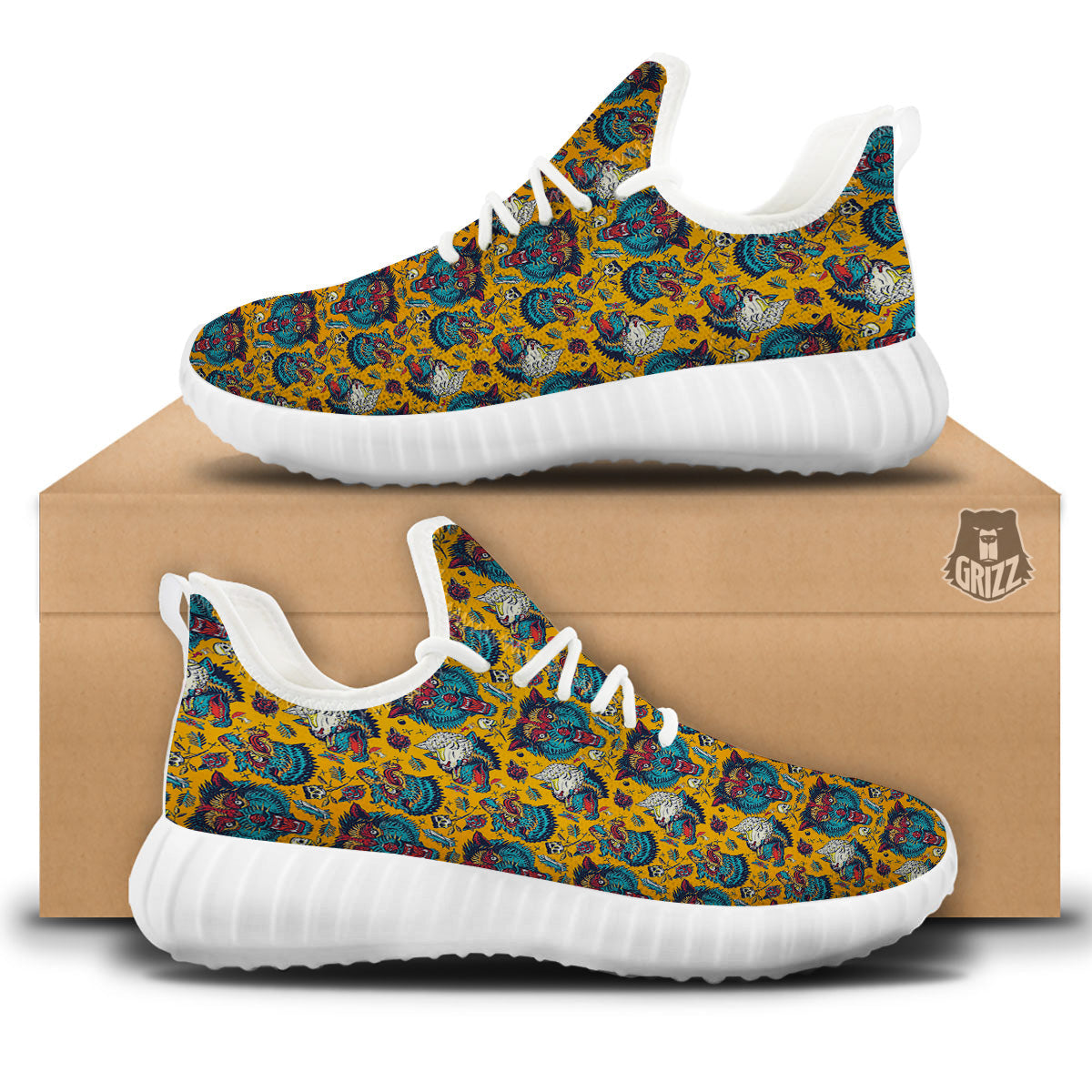 Wolf Head Yellow Tattoo Print Pattern White Walking Shoes