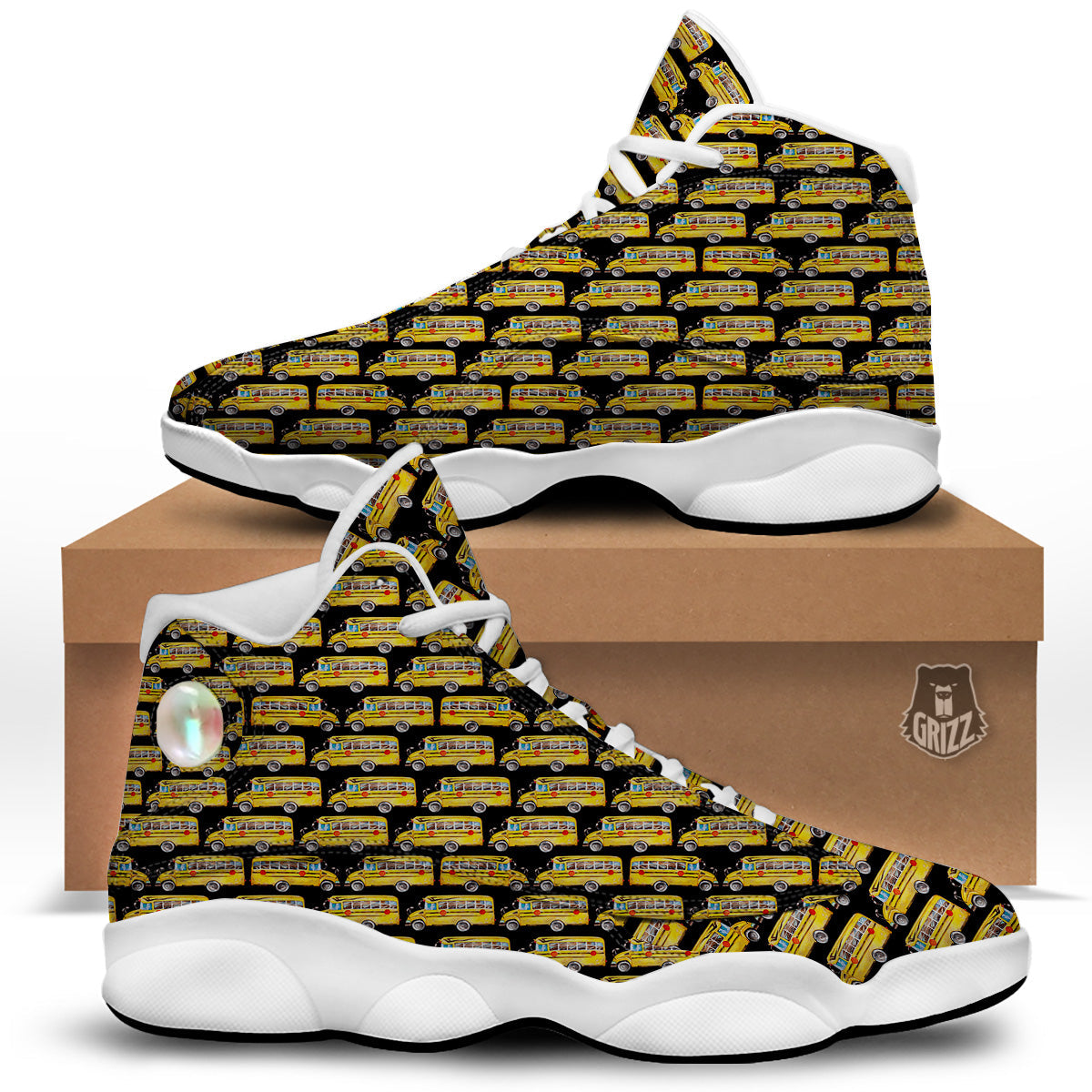 Yellow Bus Print Pattern White Basketball Shoes