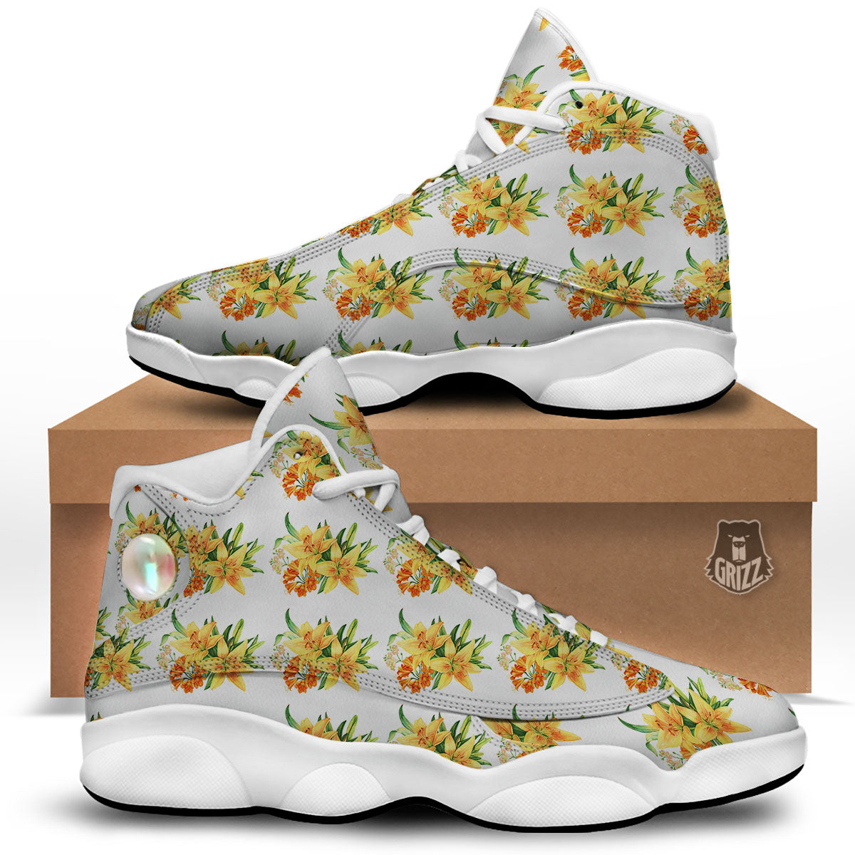Yellow Lily Watercolor Print Pattern White Basketball Shoes