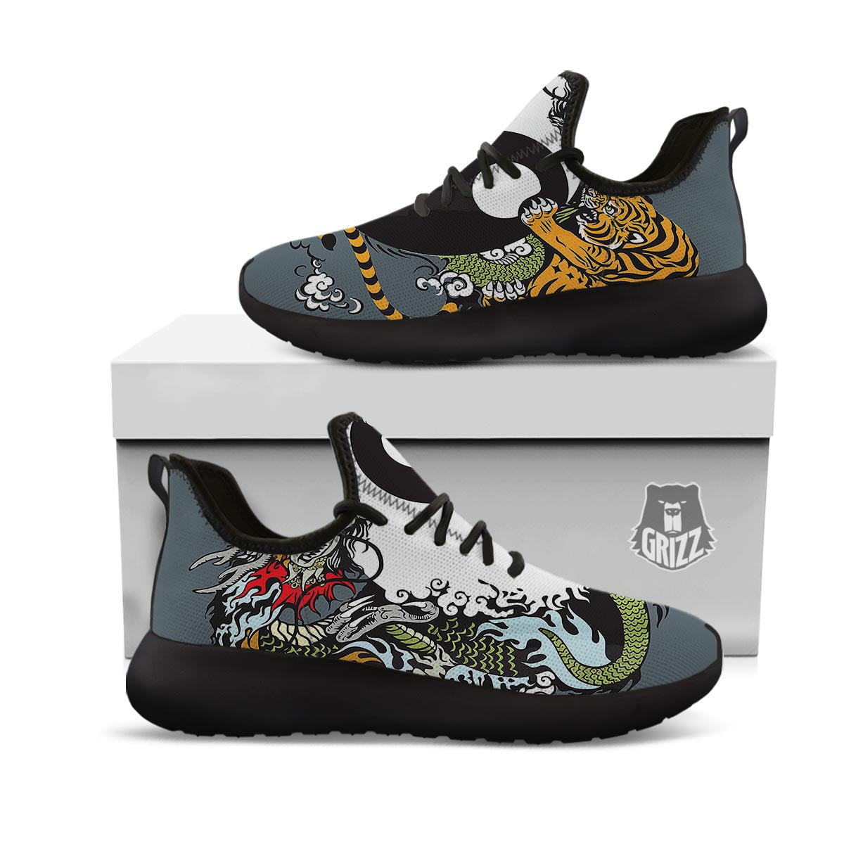 Yin Yang Dragon And Tiger Print Black Athletic Shoes