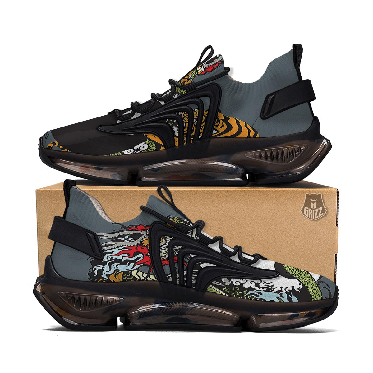Yin Yang Dragon And Tiger Print Black Gym Shoes