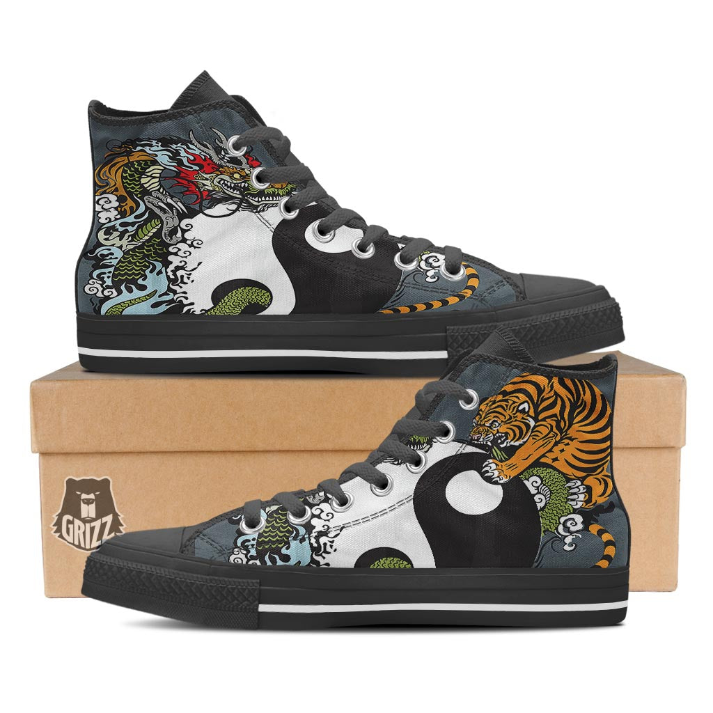 Yin Yang Dragon And Tiger Print Black High Top Shoes