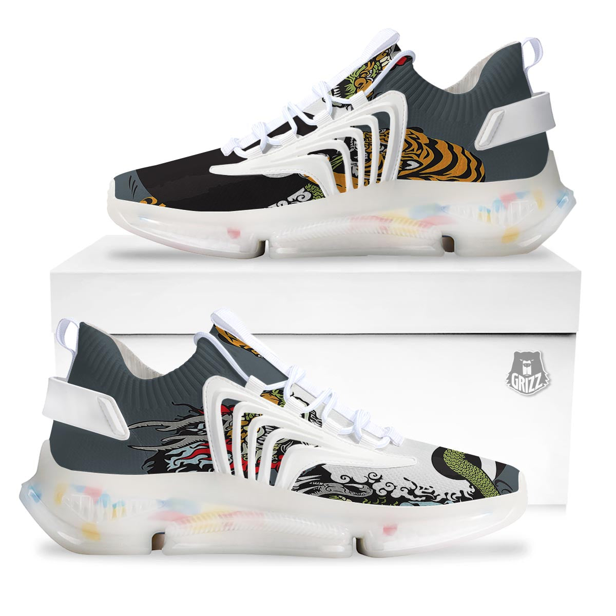 Yin Yang Dragon And Tiger Print White Gym Shoes