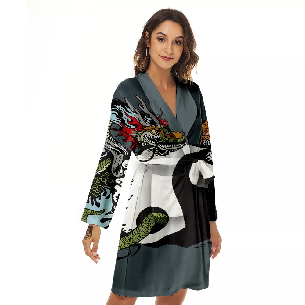 Yin Yang Dragon And Tiger Print Women's Robe
