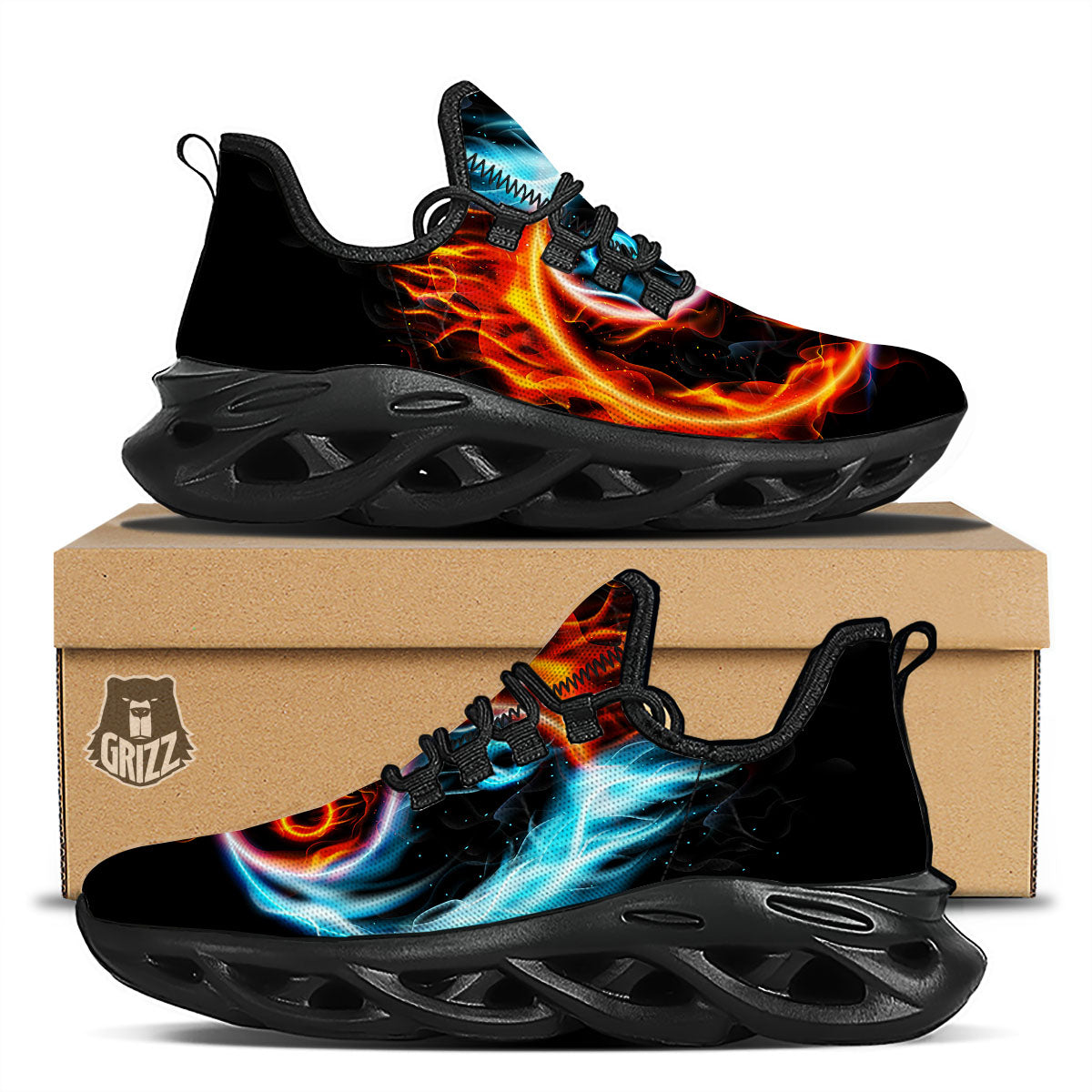 Yin Yang Flaming Print Black Running Shoes