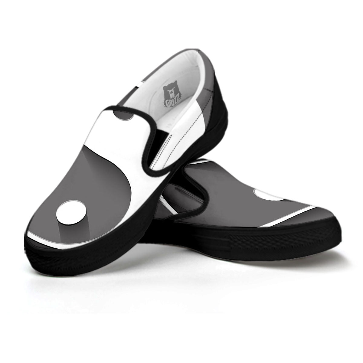 Yin Yang White And Sliver Print Black Slip On Shoes