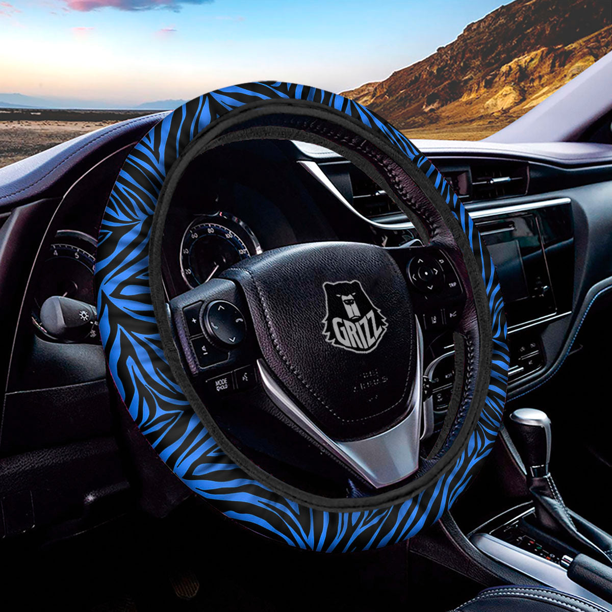 Zebra Black Blue Print Pattern Car Steering Wheel Cover Grizzshopping