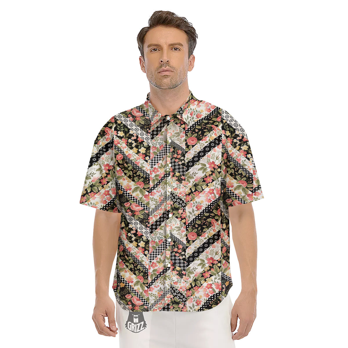 Zigzag Floral Patchwork Print Pattern Men's Short Sleeve Shirts